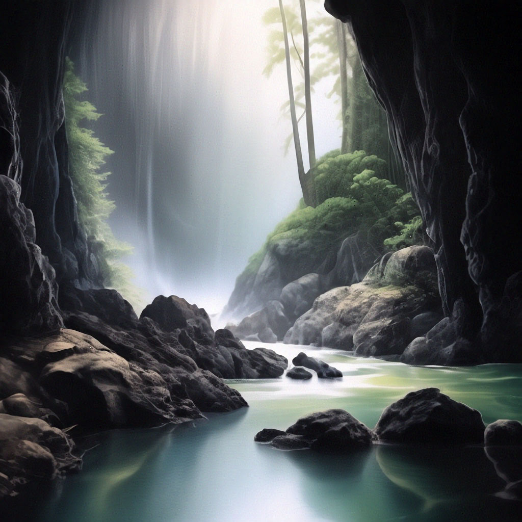 "Gloomy cave, river, fine black ink drawing, high resolution, landscape ...