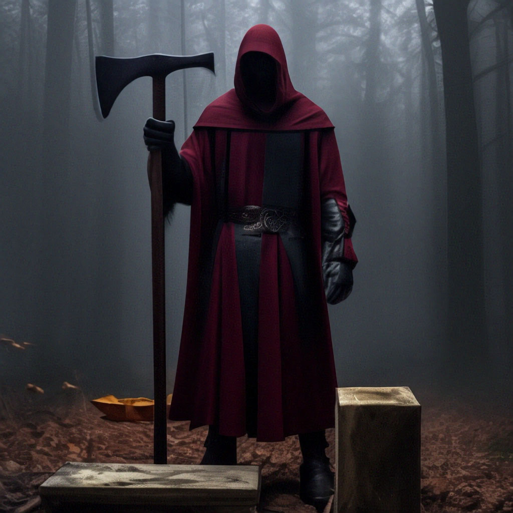 "The royal executioner in a burgundy large cap with cutouts for the ...