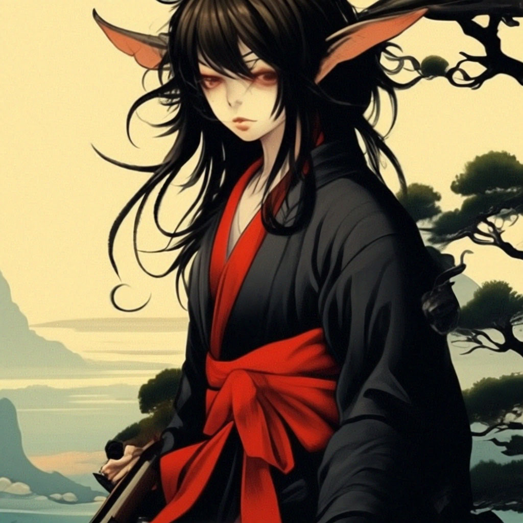 "A big-eared goblin girl with a katana on a bonsai background on a ...