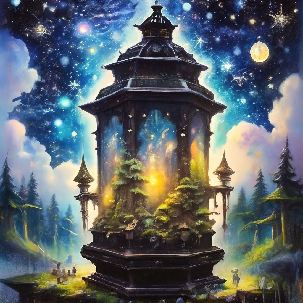 "A magical beautiful black forest grows in an ancient lantern, clouds ...