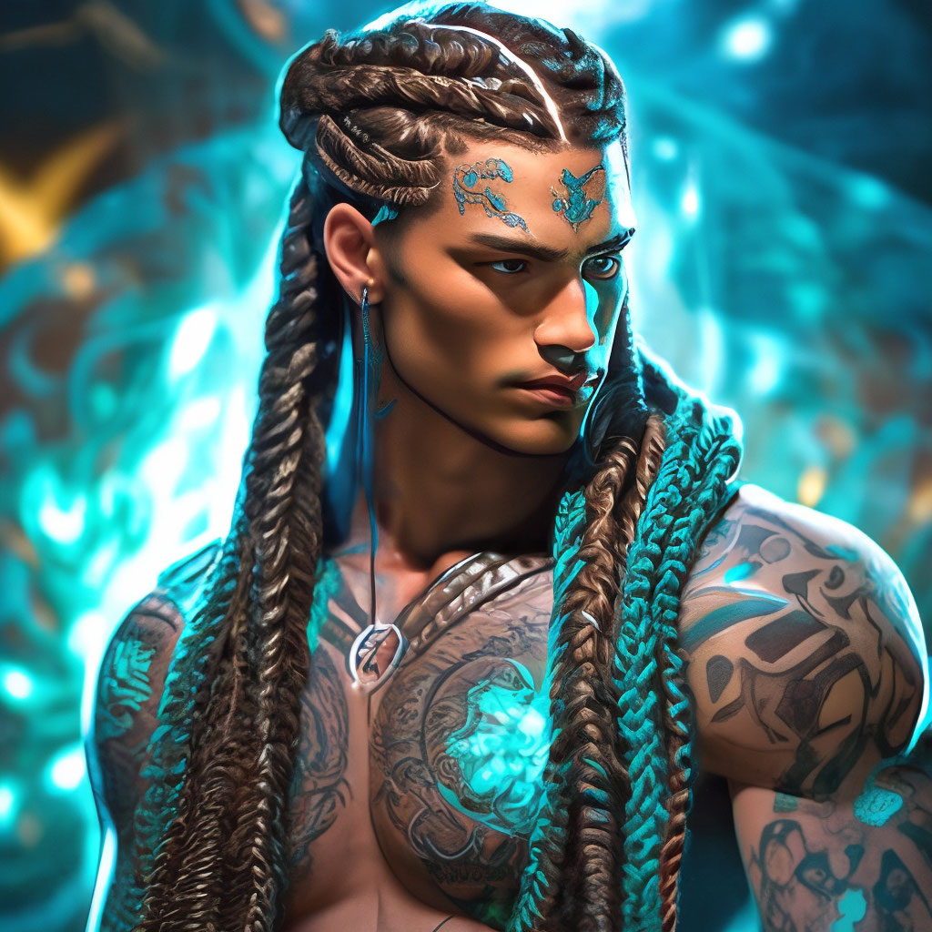"Handsome male avatar, long braids,beautiful face expressive turquoise ...