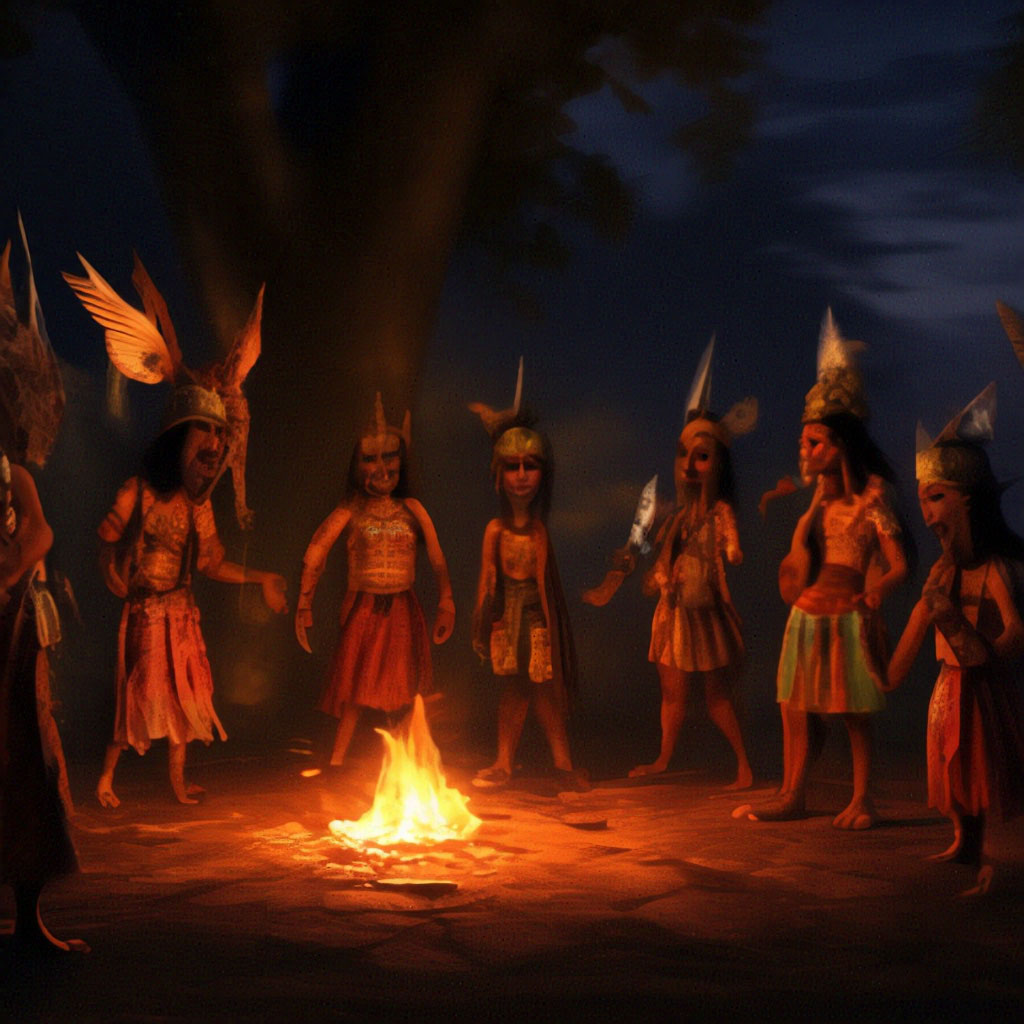 "Indian tribe at the campfire ritual dancing Dancing in totem masks It ...