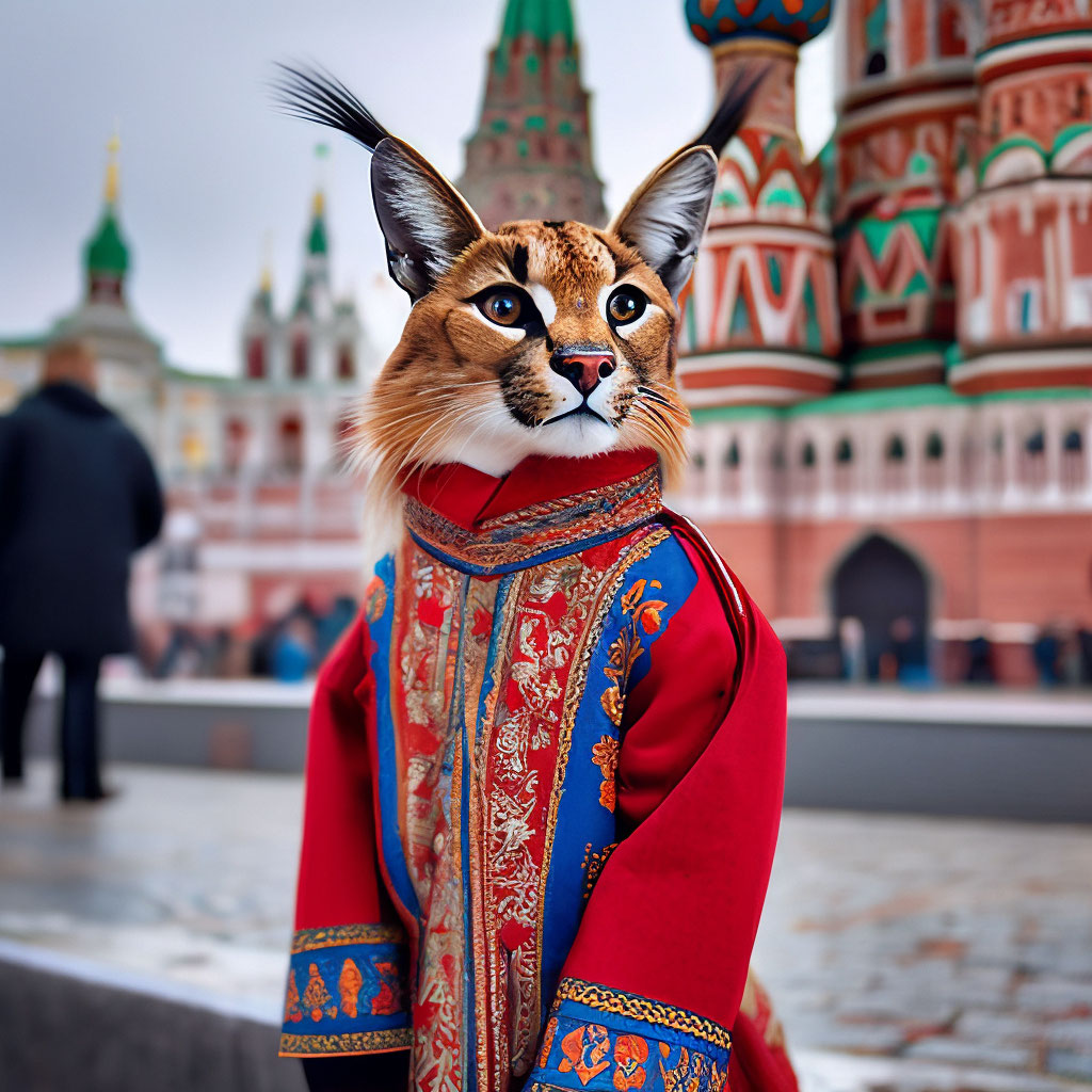 "Caracal Flip-flop in folk costume at the Red Square" — image created ...