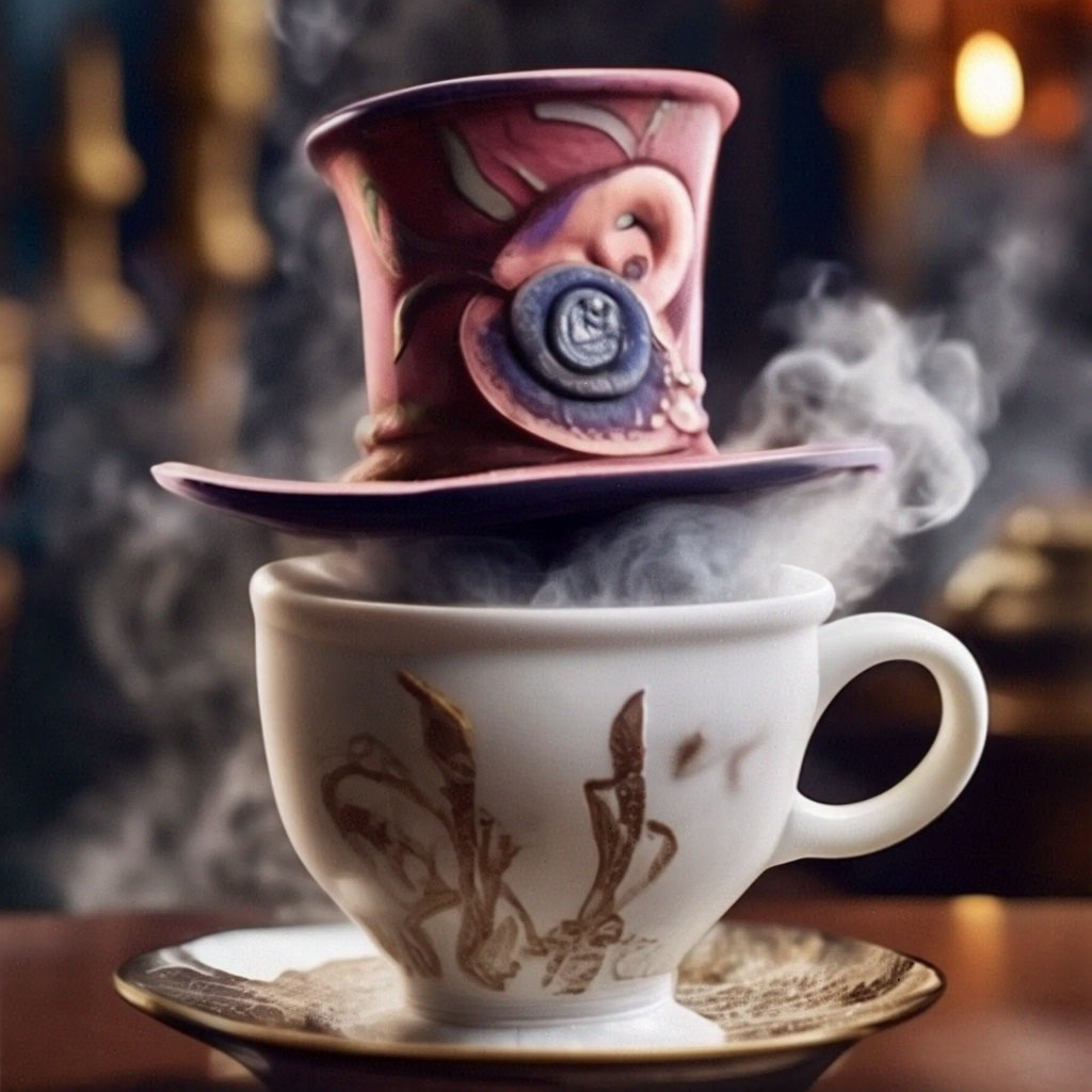 " ️ ️ A cup , steam comes out of the cup in the form of a Crazy Hatter ...