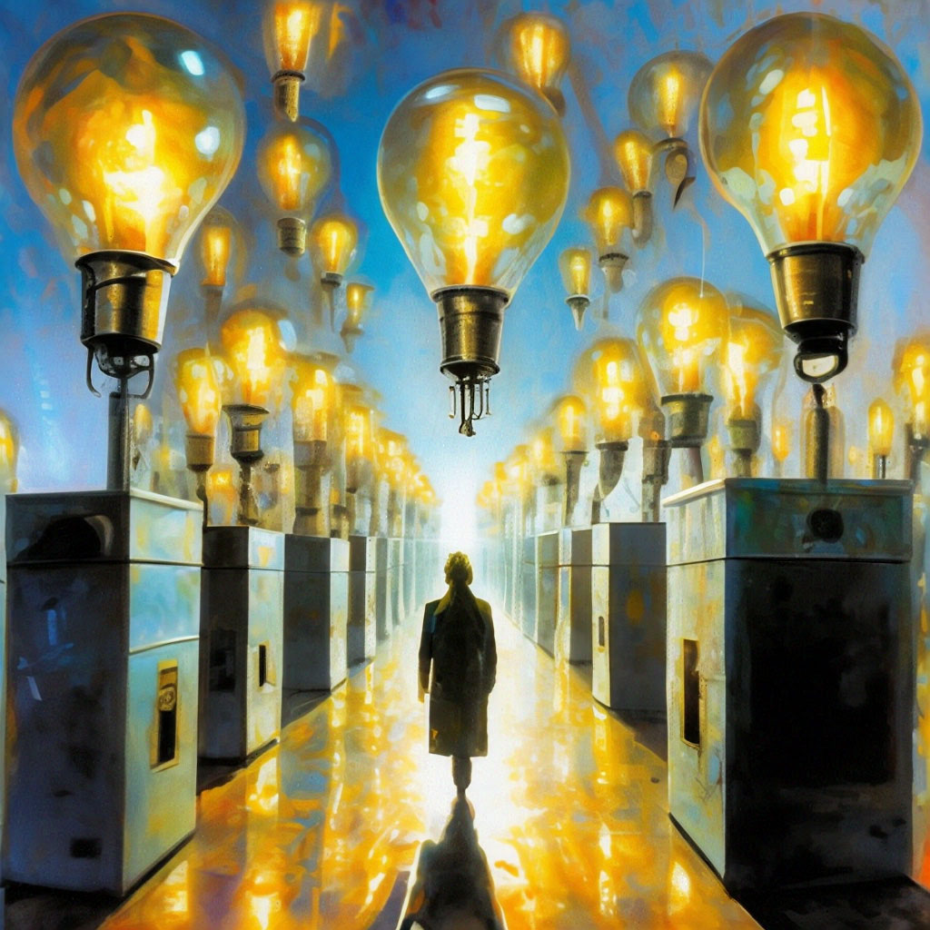 "Dali style,surrealism,light bulbs-people,people-empty boxes,sleeping ...