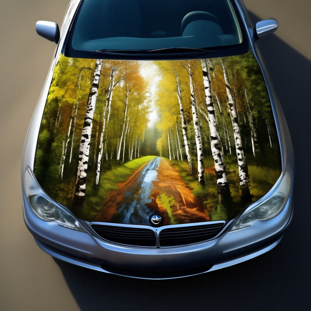 ". airbrushing on the hood of the car, birch grove, top view beautiful ...