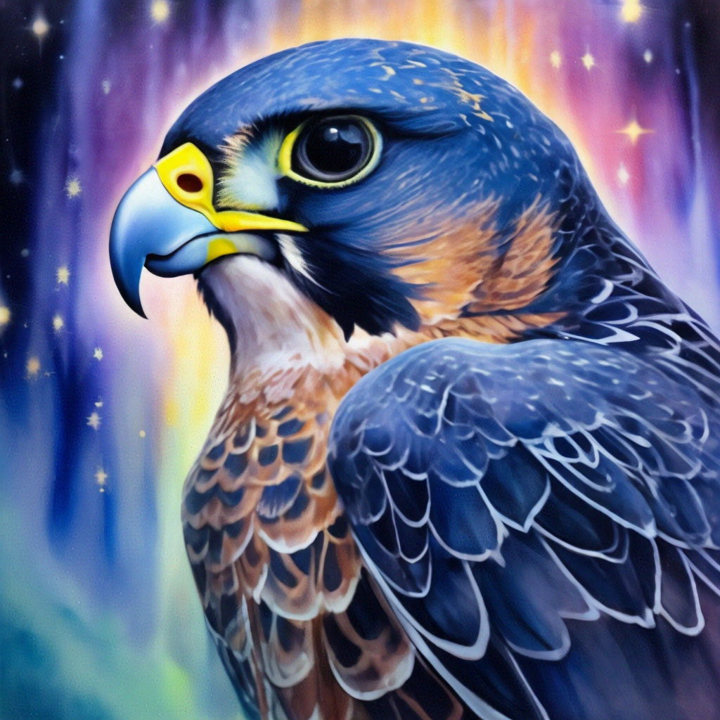 "Peregrine falcon, northern lights, fairy tale, detailed drawing ...
