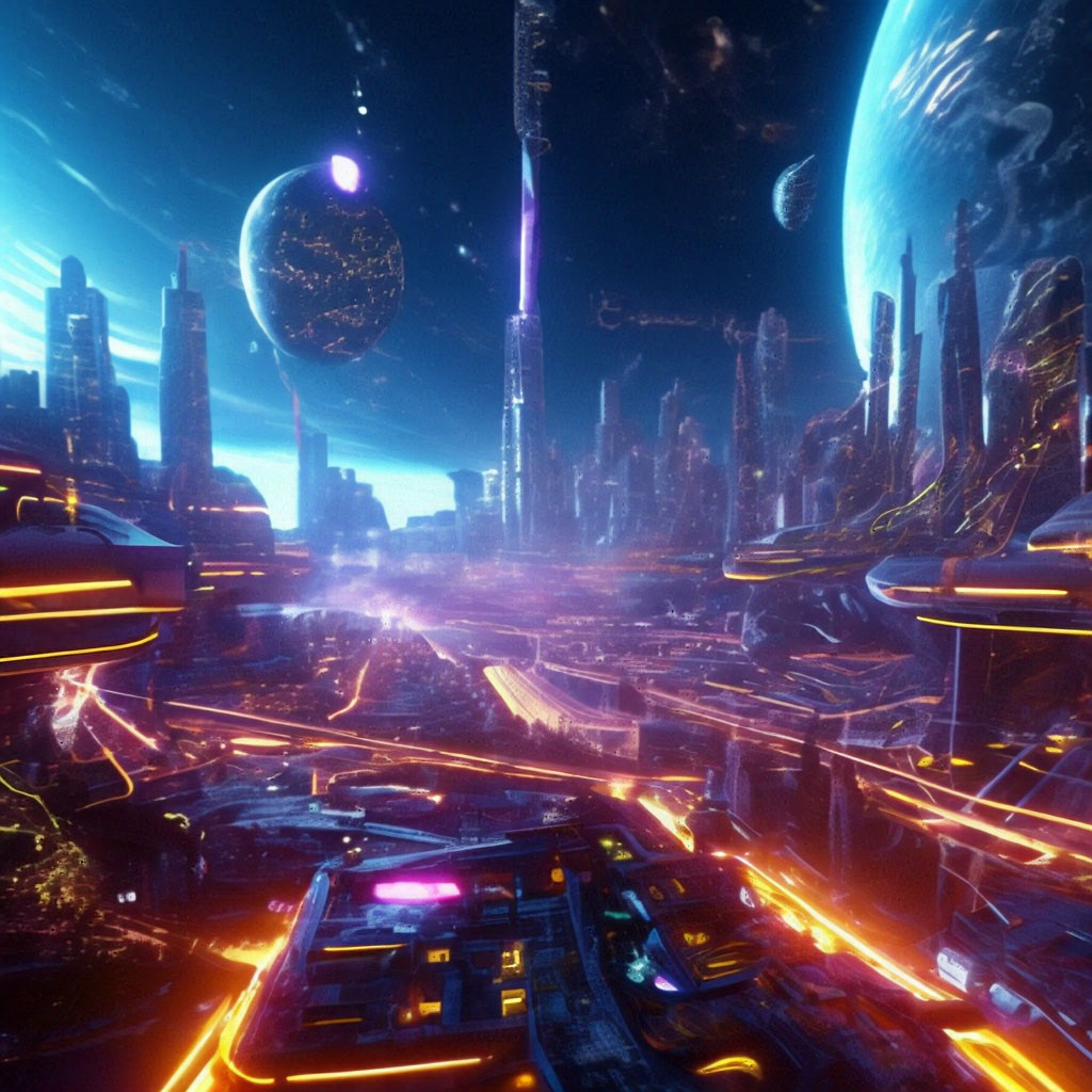 "Cybernetic city destroyed by brilliant neon beautiful bioluminescent ...