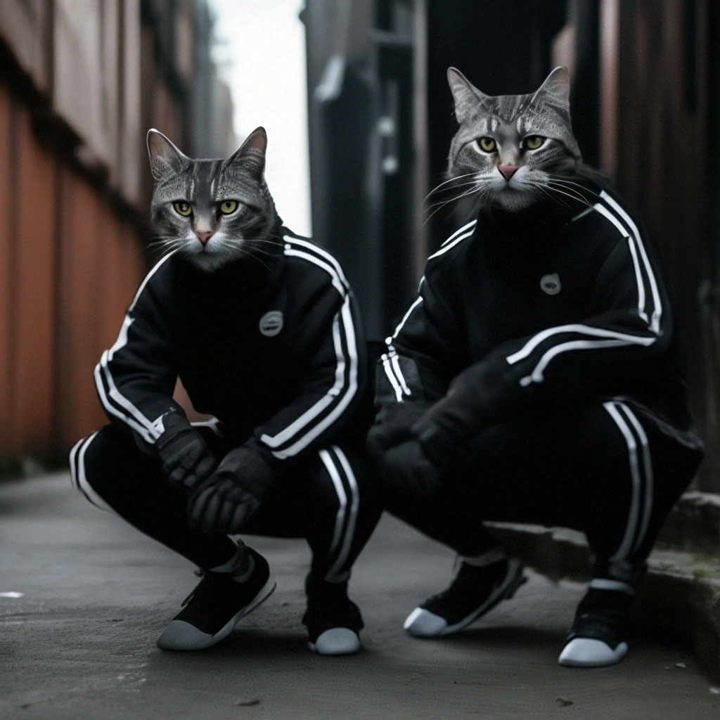 "Cats in black tracksuits with stripes of three white stripes squat ...