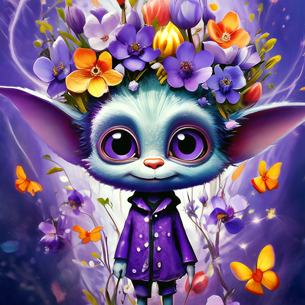 "Color illustration,cute little gremlin,purple suit,funny ponytails, a ...