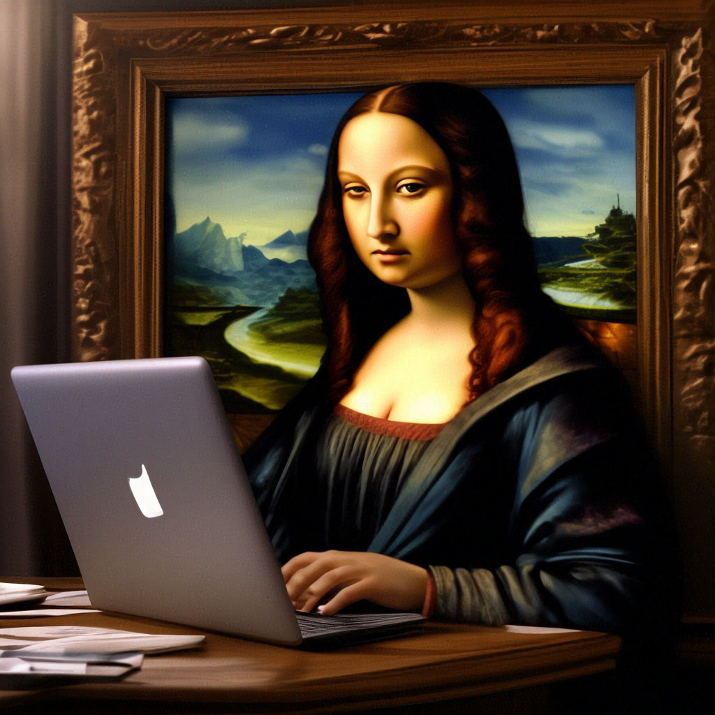 "Mona Lisa is working on a laptop" — image created in Shedevrum