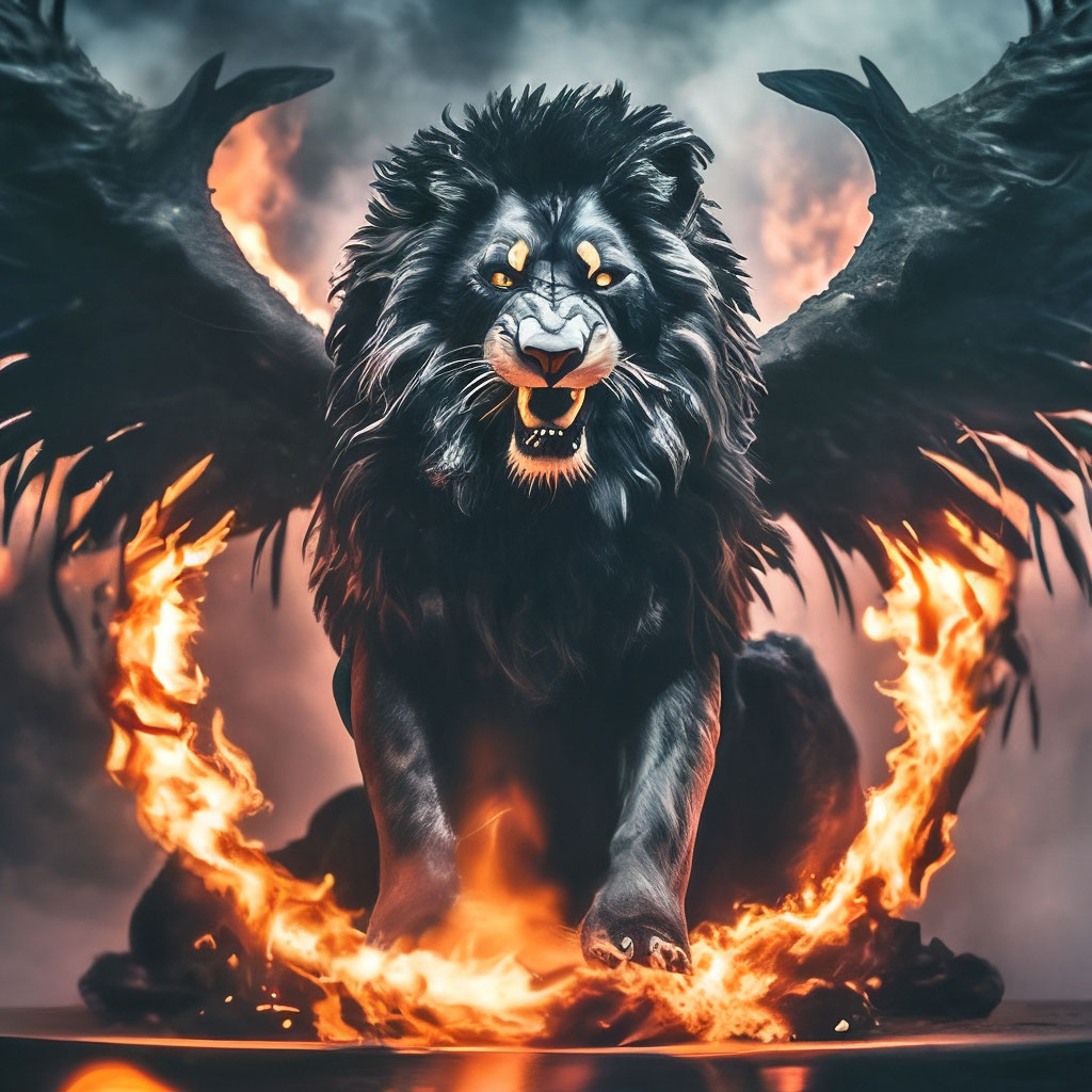 «A scary black lion with the wings of a griffon, sitting in a ring of ...