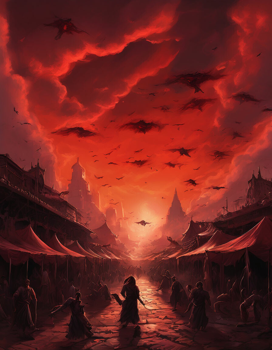 "Demons rushing to attack a tent filled bazaar, the sky is crimson red ...