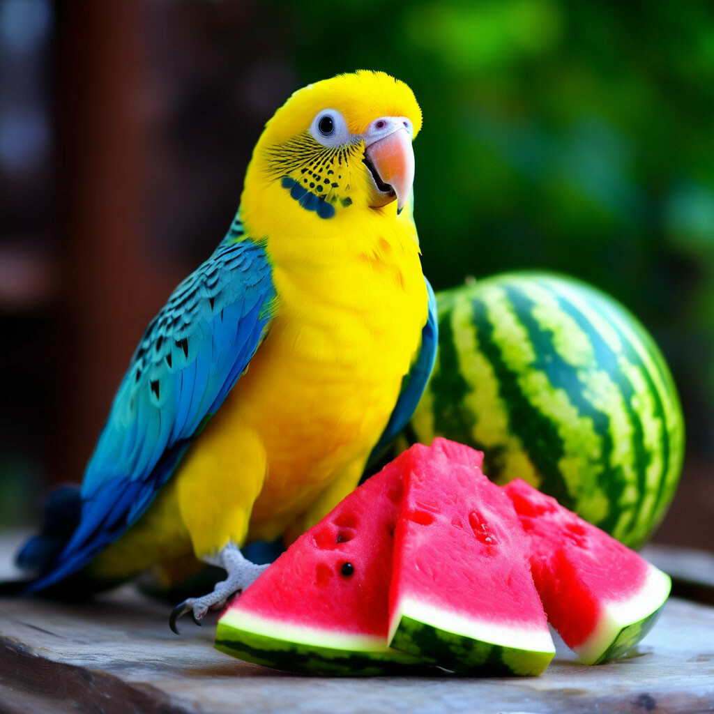 "A parrot eats a watermelon A beautiful wavy parrot next to a ...