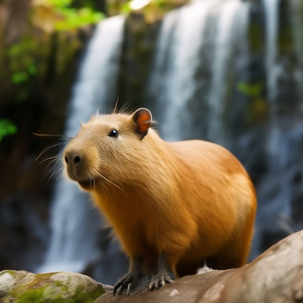 "A very very very cute capybara walks against the background of a very ...