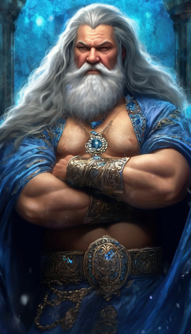 "A really cool fat elderly king, fat and muscular, charming, long gray ...