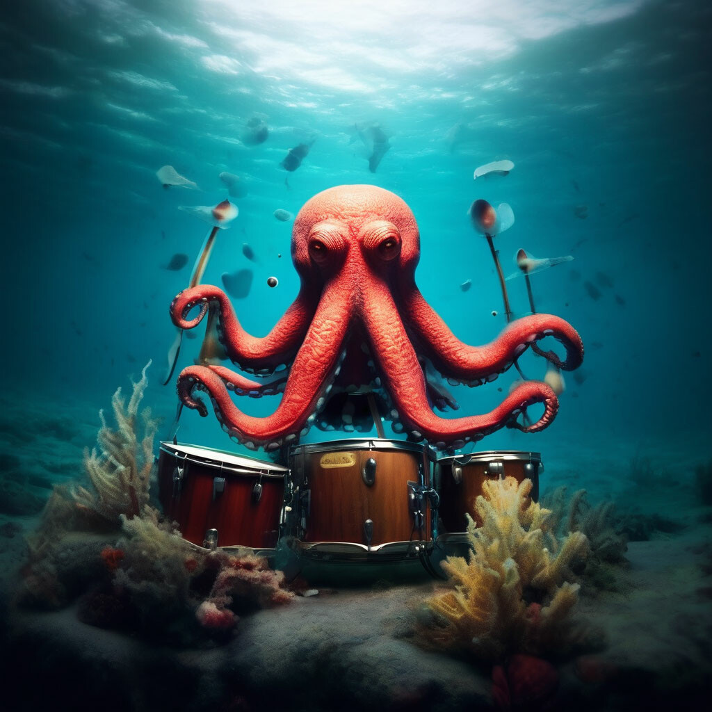 "Octopus plays drums underwater" — image created in Shedevrum