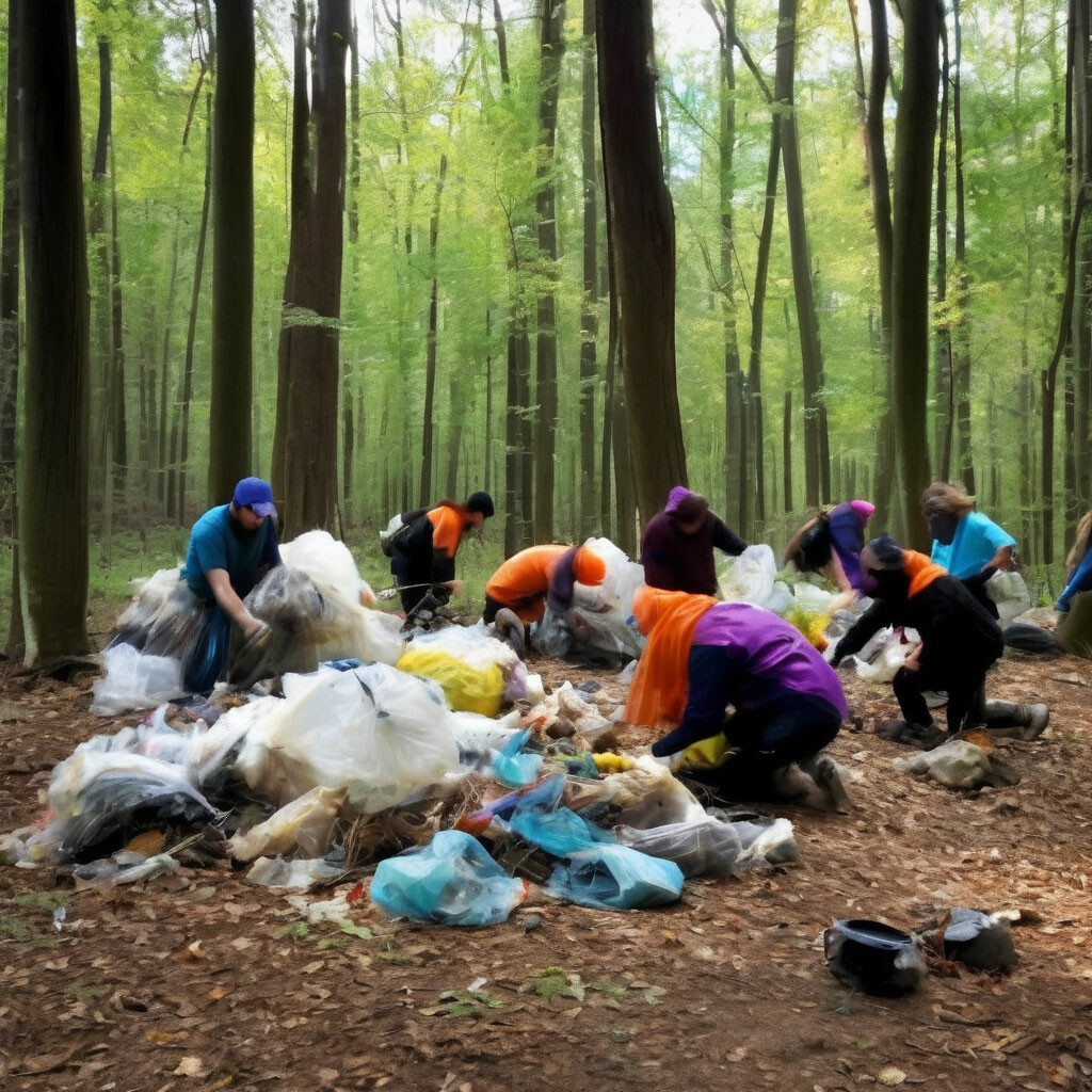 "People clean up garbage in the forest…" — image created in Shedevrum