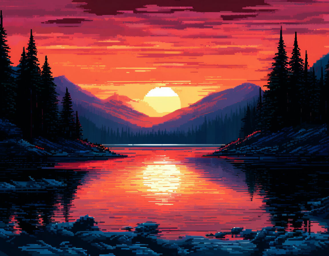«16 bit pixel art, cinematic still, hdr, forest, lake, sunset, against ...