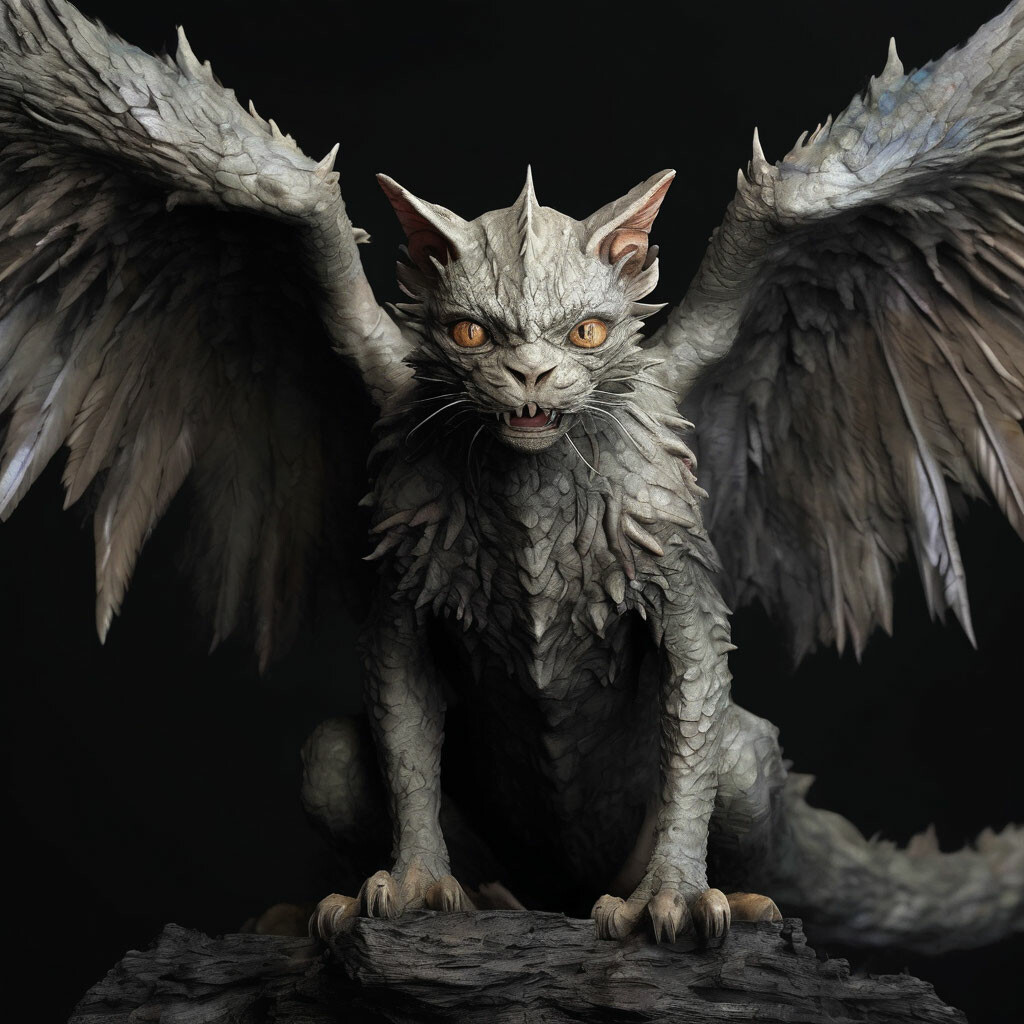 "A very scary scaly winged cat" — image created in Shedevrum
