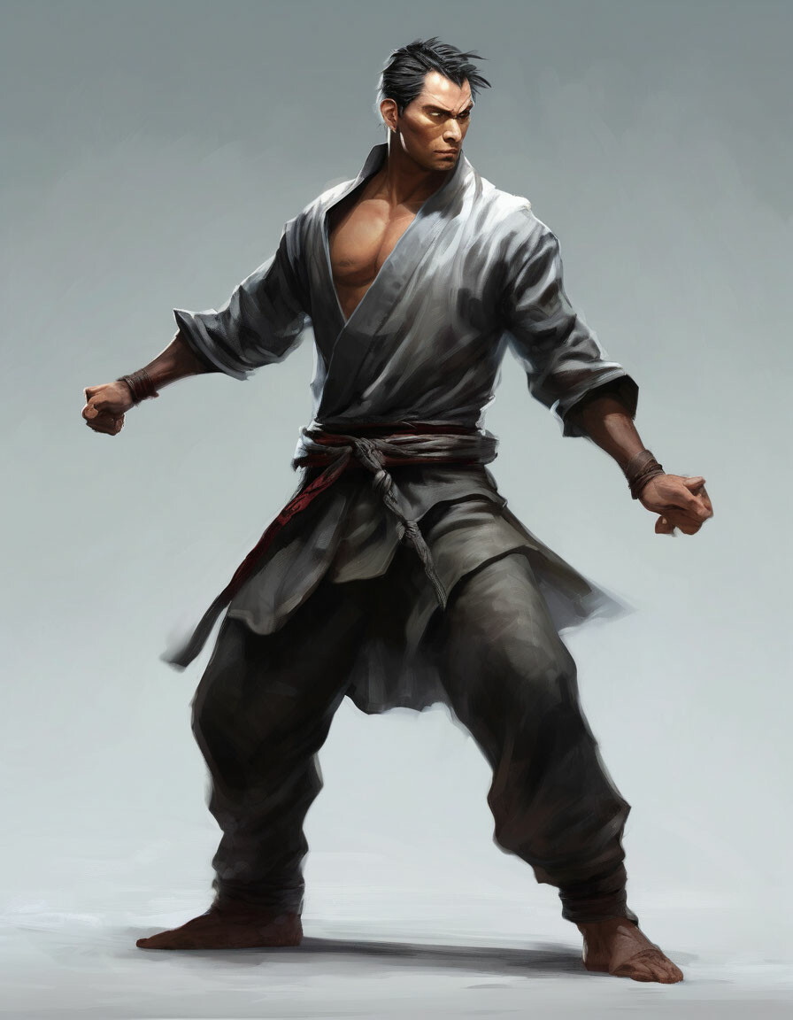 "Tall man, wiry, fantasy, martial arts, fighting stance, short hair ...