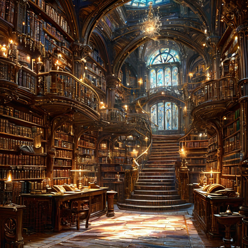 "A library of magic books with magic around" — image created in Shedevrum