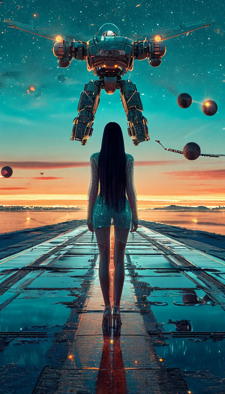 "A robot girl with long black hair full-length rear view in heels on ...