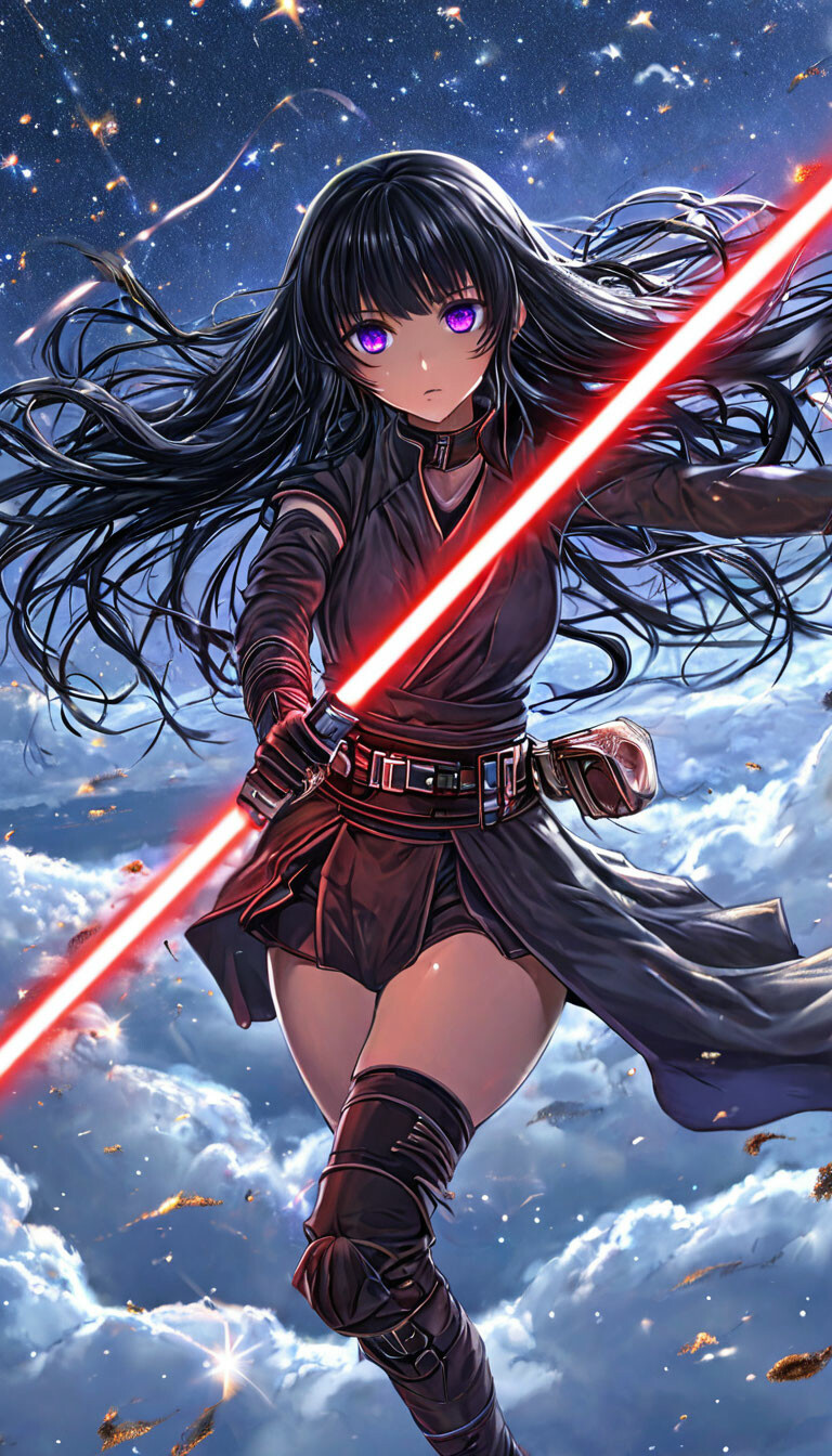 "Cute anime girl,starfall,black long …" — image created in Shedevrum