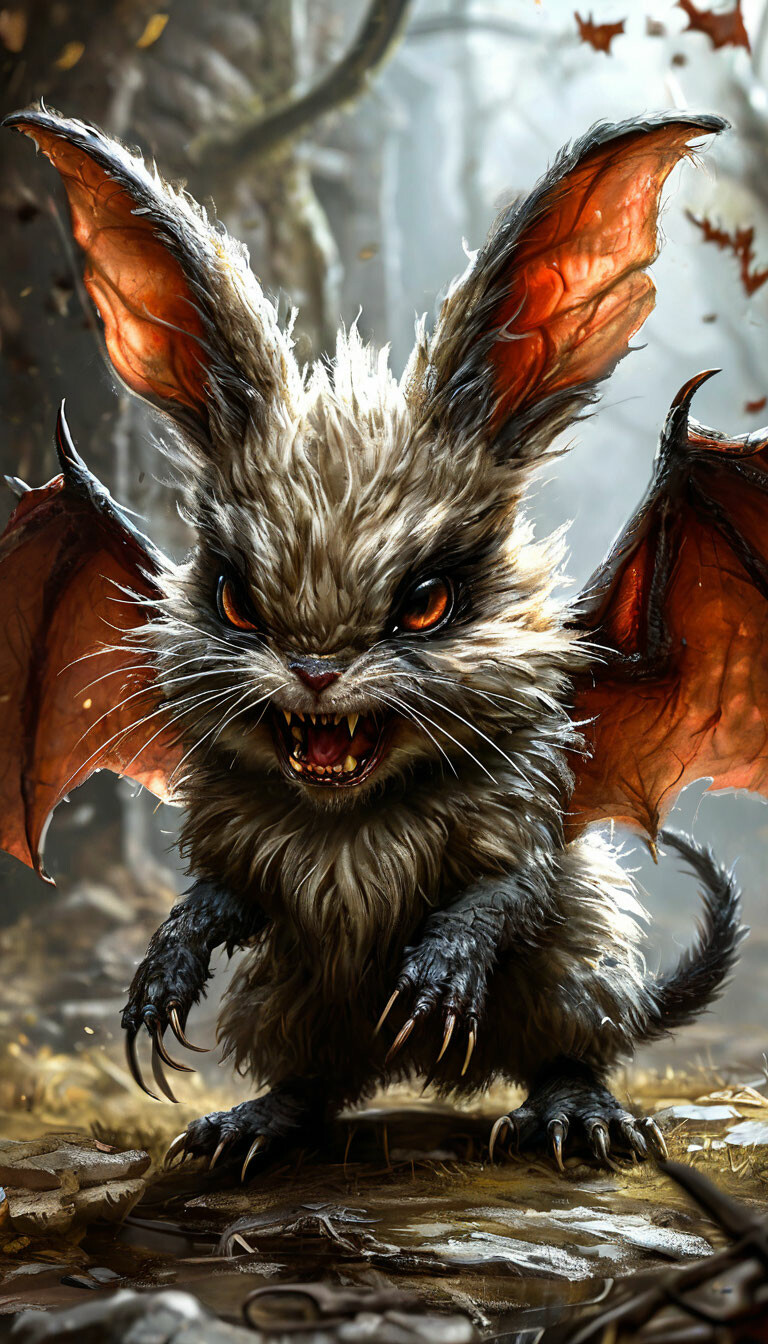 "A ferocious furious angry fluffy toothy little bunny with bat wings ...