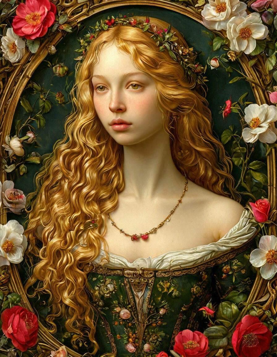 "A full-length golden-haired Spring in the style of Sandro Botticelli ...