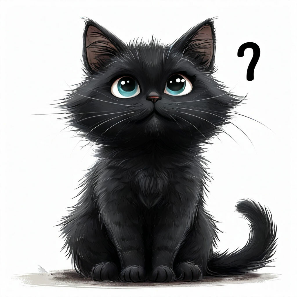 "A black, cute, very fluffy, cartoon pensive cat with a question mark ...
