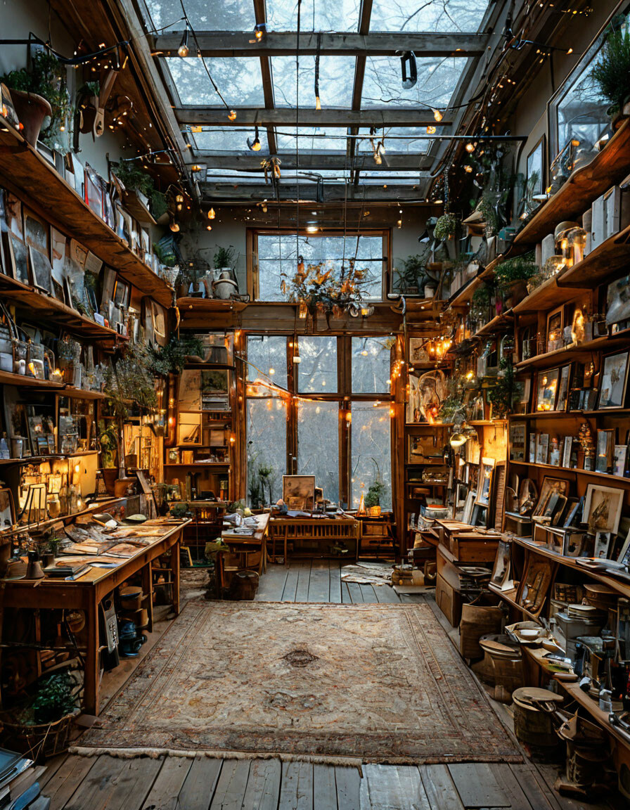 "A languid evening, in an art studio, …" — image created in Shedevrum