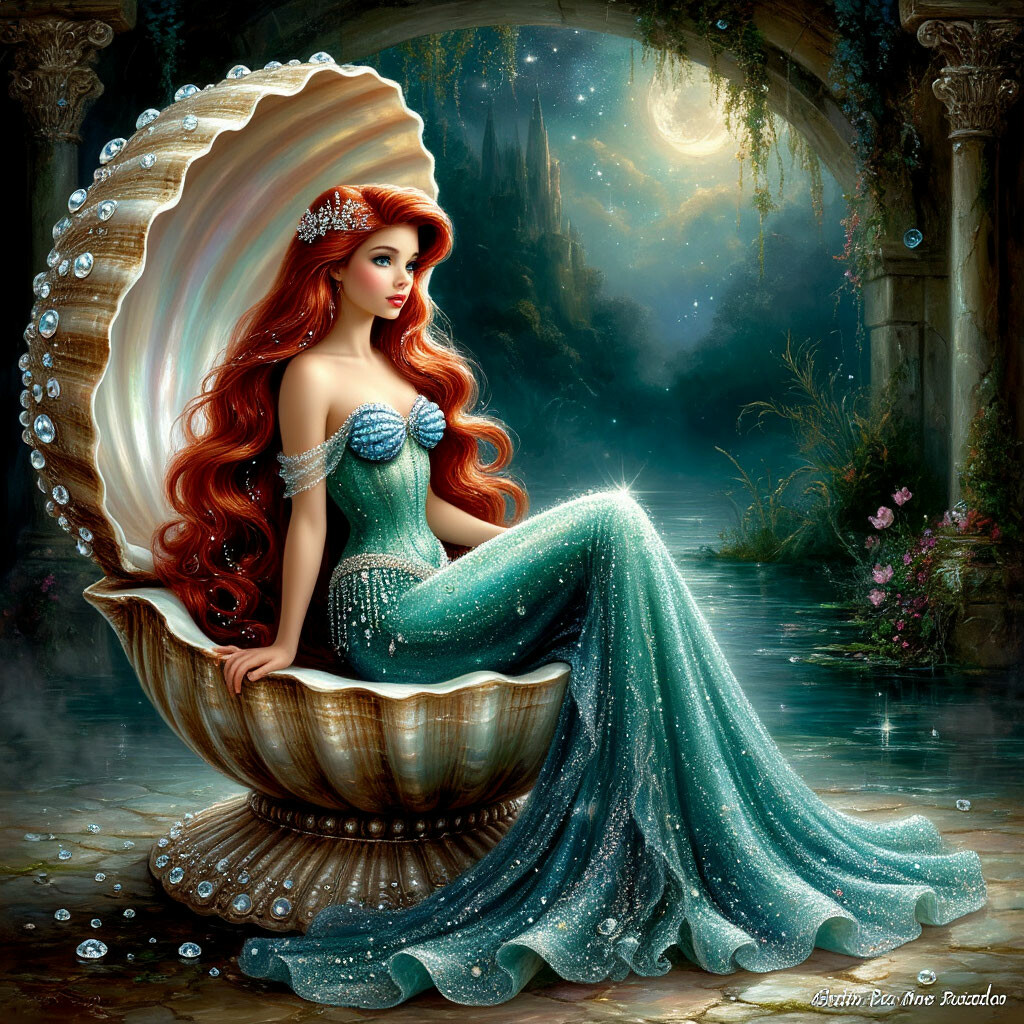 "Beautiful Ariel,with long long,very long hair,sits in a large open sea ...