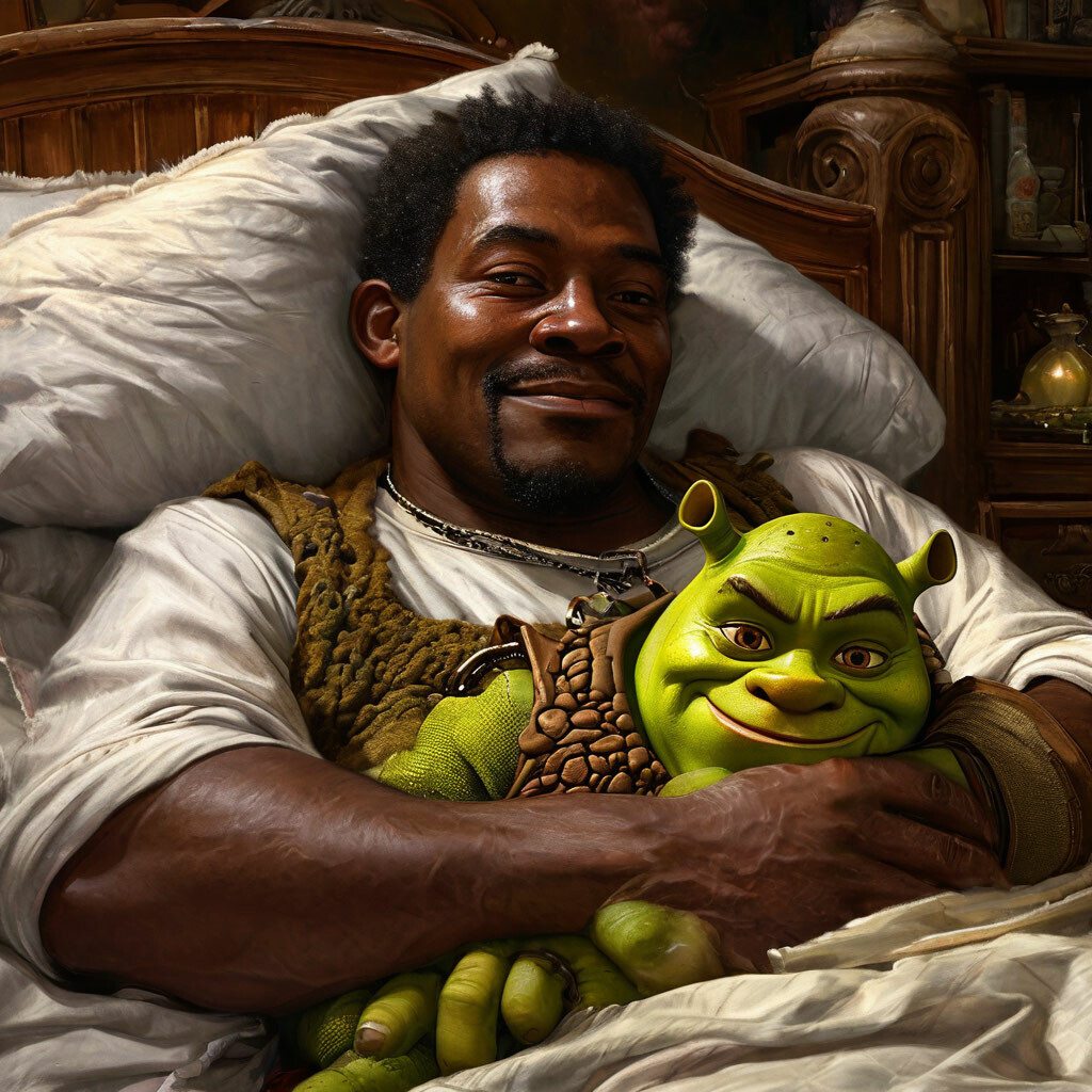 "A dark-skinned man with a shrek in …" — image created in Shedevrum