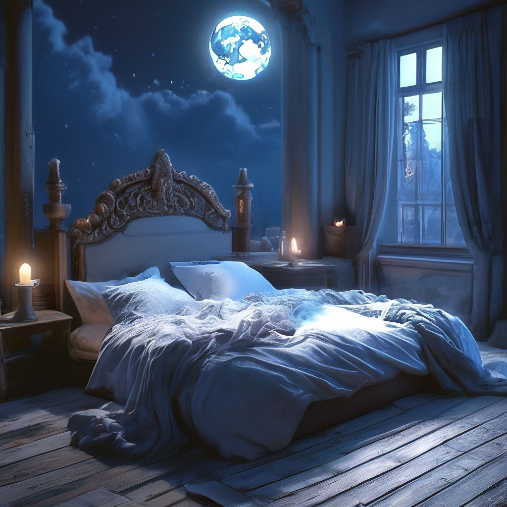 "A cozy lonely bed in the moonlight" — image created in Shedevrum