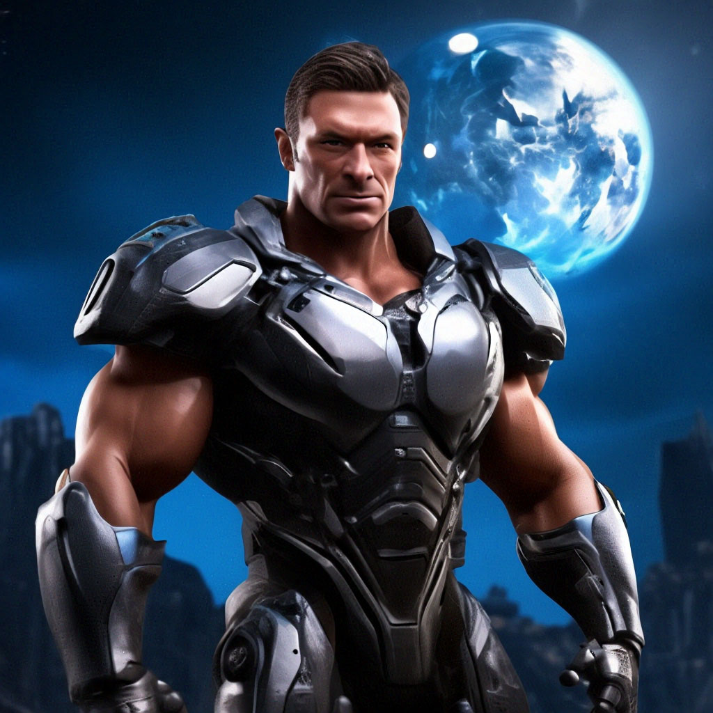 "The handsome bodybuilder impresses with his toned body and cyber armor ...