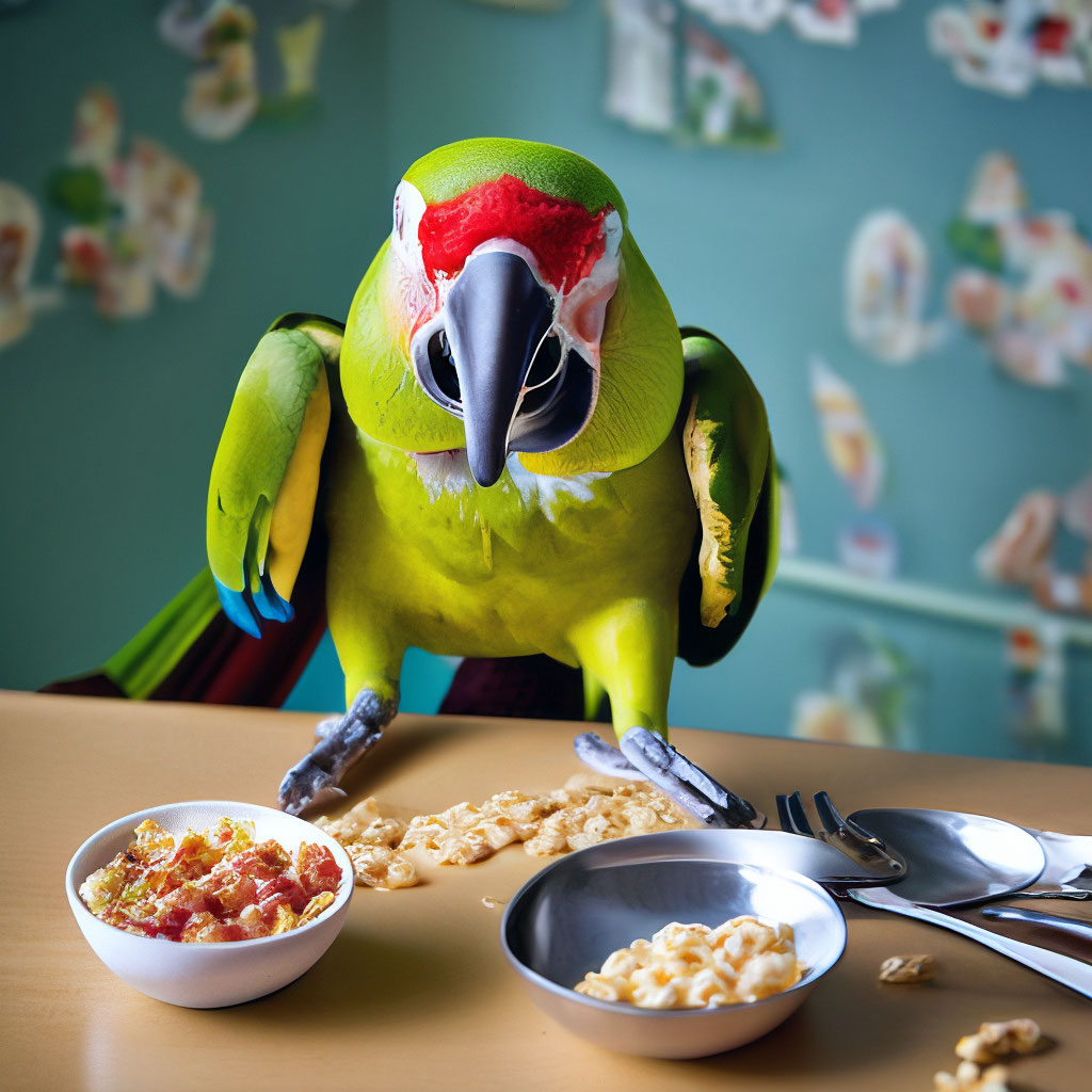 "Parrots mess up kitchen utensils" — image created in Shedevrum