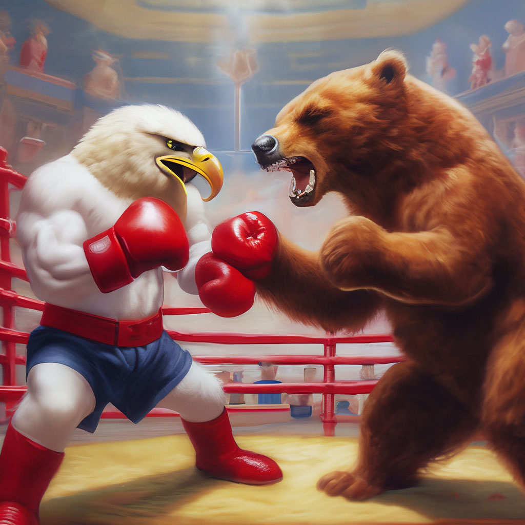 "A bear in red underpants is boxing with an eagle in the ring. and he ...