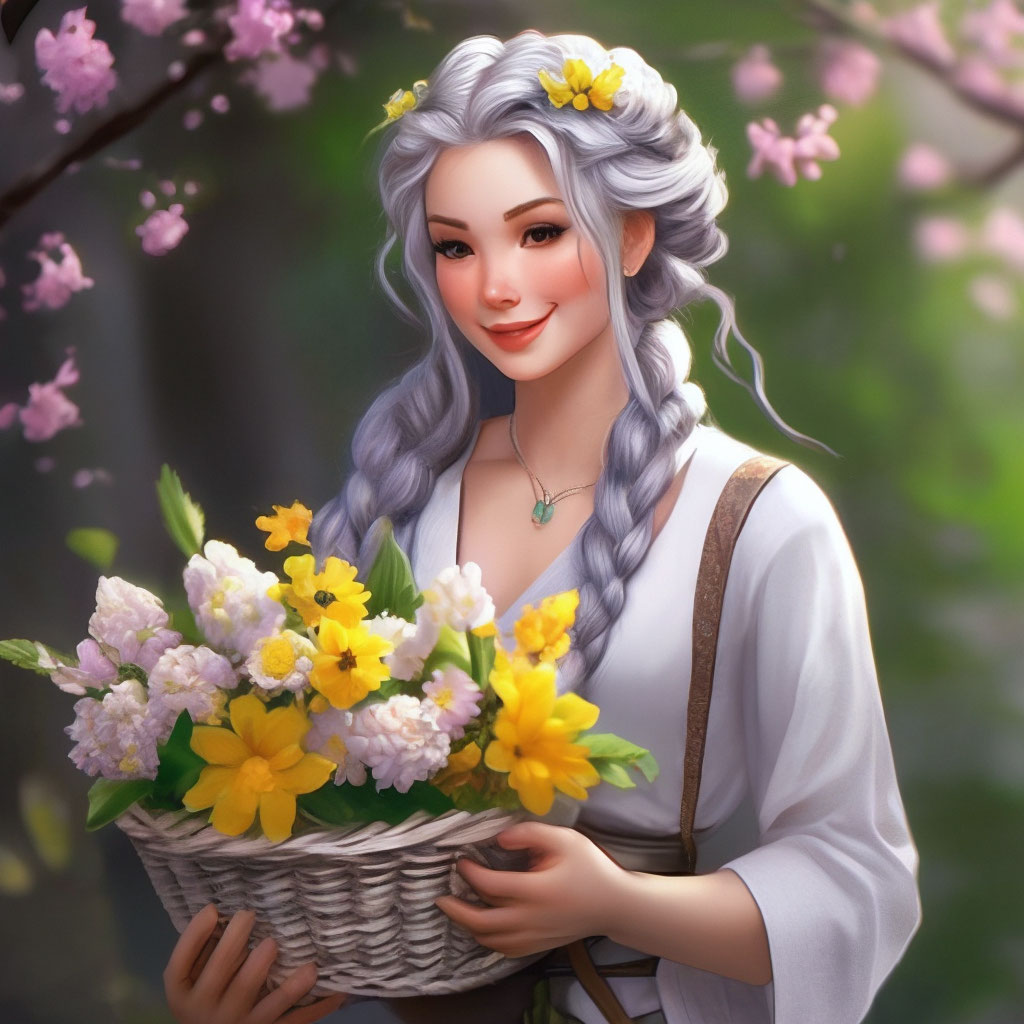 "Happy first day of spring a girl, gray hair braided into a magnificent ...
