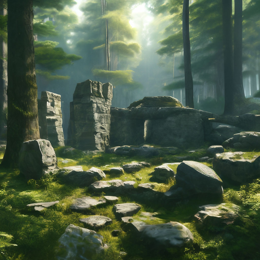 "Stone ruins in the forest" — image created in Shedevrum