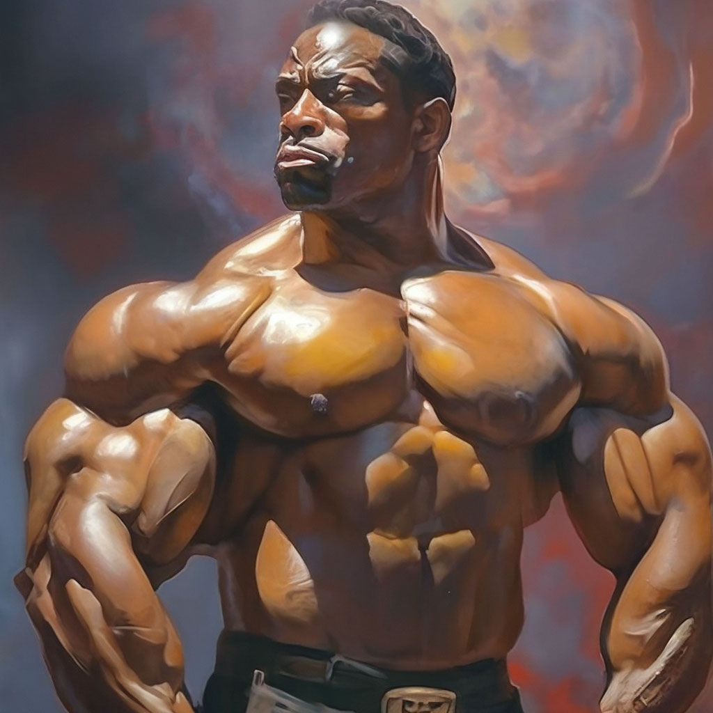 "Bodybuilder side man, doom guy doom jock hyperrealism, oil, raised arm ...