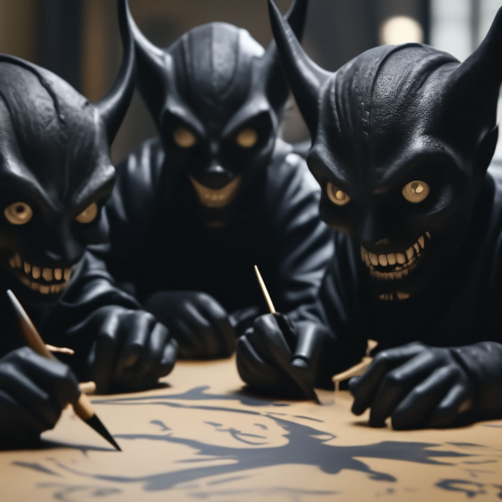 "Four black little black devils were drawing a drawing in black ink ...