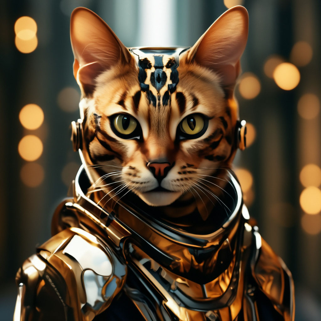 "Bengal cat in futuristic armor" — image created in Shedevrum