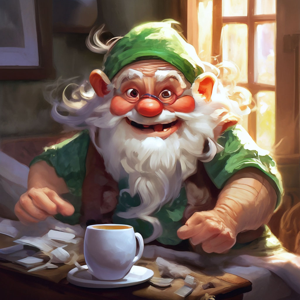 "An angry, ruffled, little dwarf in the early morning with a huge cup ...