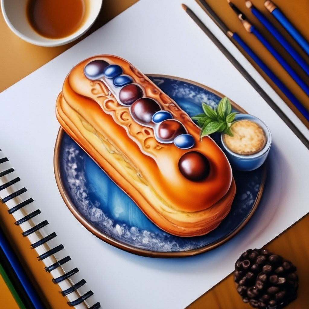 ". food sketch, realistic, top view, close-up, eclair, fantasy, colored ...