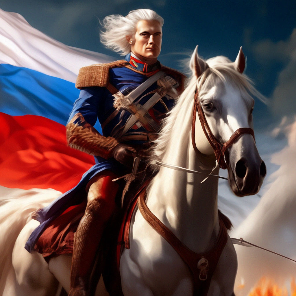 "An awe-inspiring Russian male commander on horseback, in the form of ...
