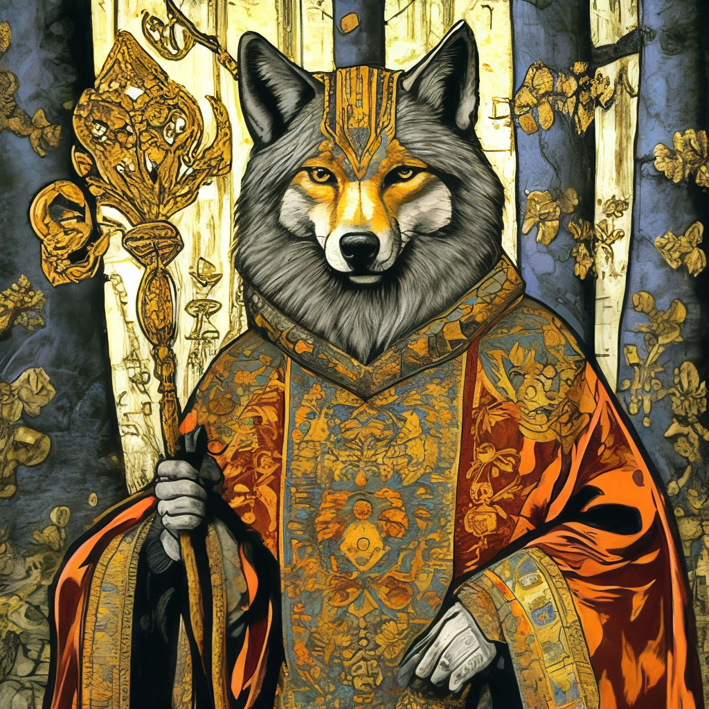"🍀 a wolf in a velvet ancient Russian caftan is painted in gold, a silk ...