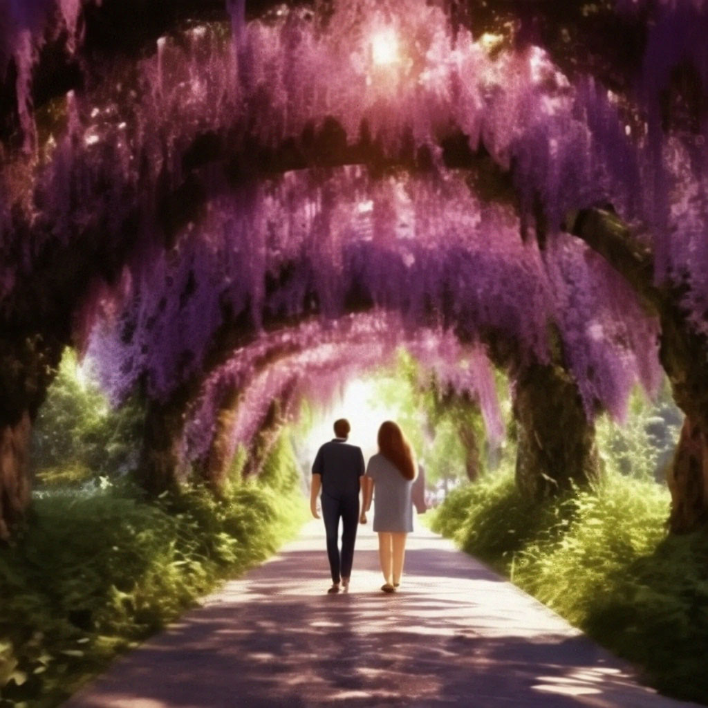 ". A beautiful grove of wisteria trees. A young couple walking hand-in ...