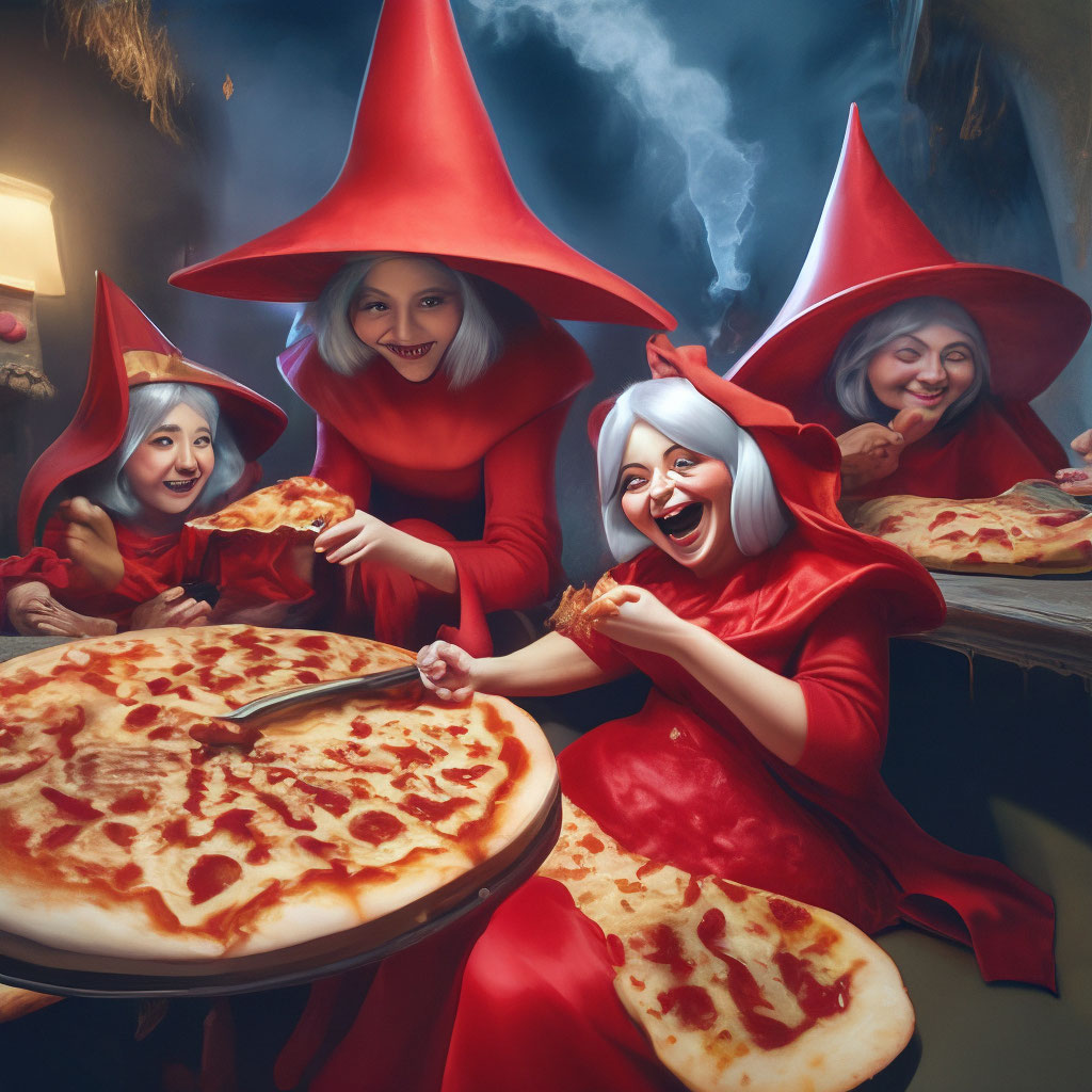 "Witch eating pizza,in a hat, in a red dress, happy, witchy entourage ...