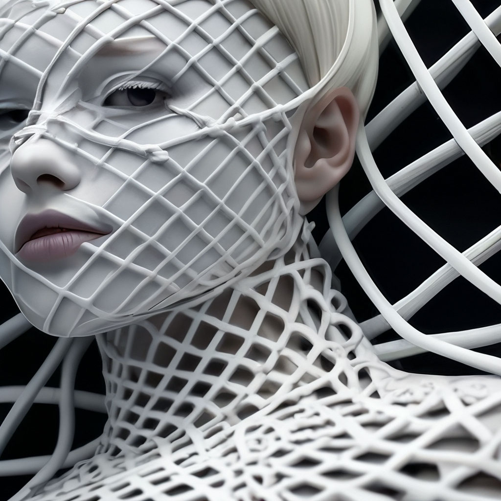 ". Extreme close-up of plamp white fase girl shained together in criss ...